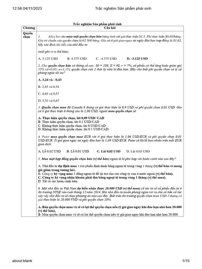 Trắc nghiệm Sản phẩm phái sinh 2 | PDF
