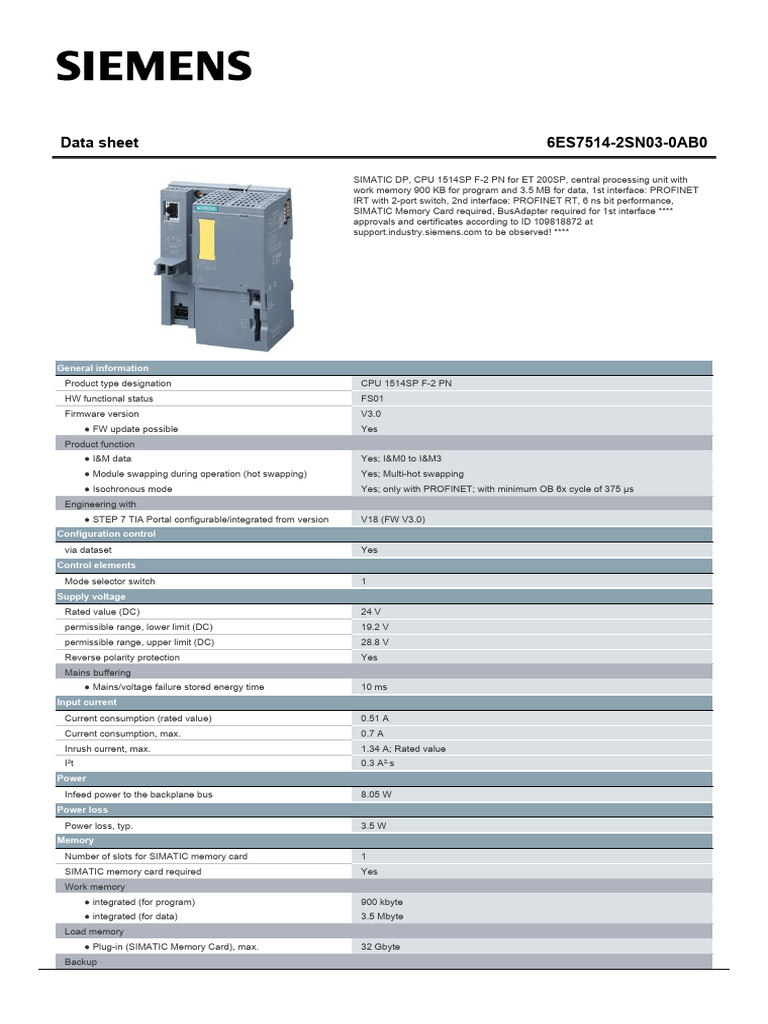 6ES75142SN030AB0_datasheet_en | PDF | Computing | Data Transmission