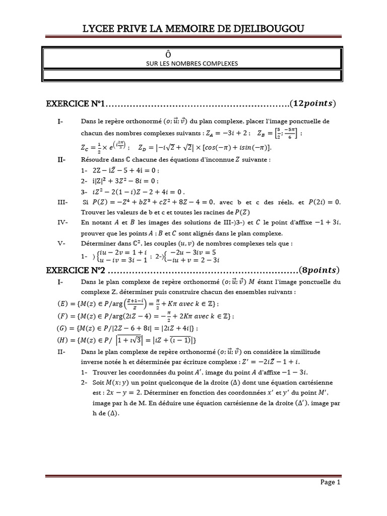 Contrôle de Maths : Nombres Complexes TSE | PDF | Coordonnées ...