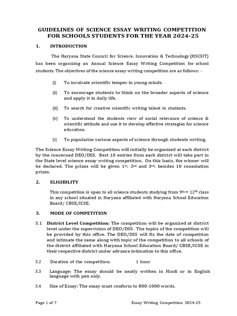 GUIDELINES OF SCIENCE ESSAY WRITING COMPETITION FOR SCHOOLS STUDENTS ...
