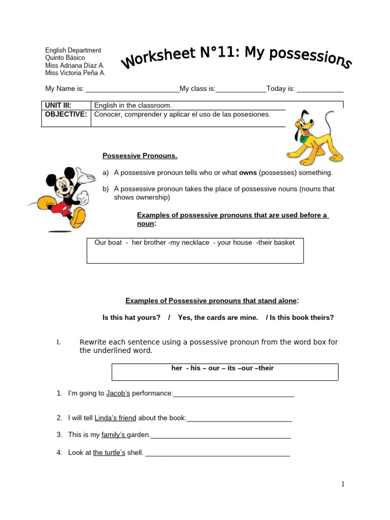 5° - Unit 3 - Guia 11 My Possessions | PDF | Pronoun | Syntax