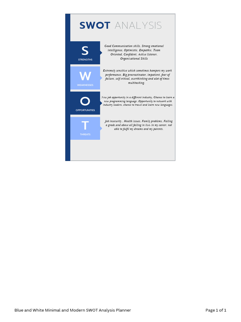 Blue and White Minimal and Modern SWOT Analysis Planner | PDF