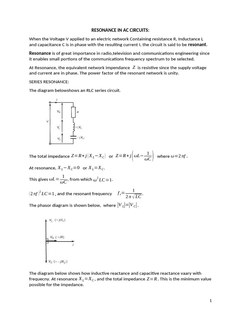 Resonance In Ac Circuits: resonant. Resonance: Z R j ωL ωC | PDF ...