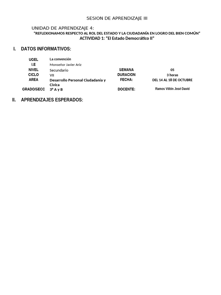 3º DPCC - Ses 1 Uni 6 - Sem 01 | PDF | Aprendizaje | Democracia