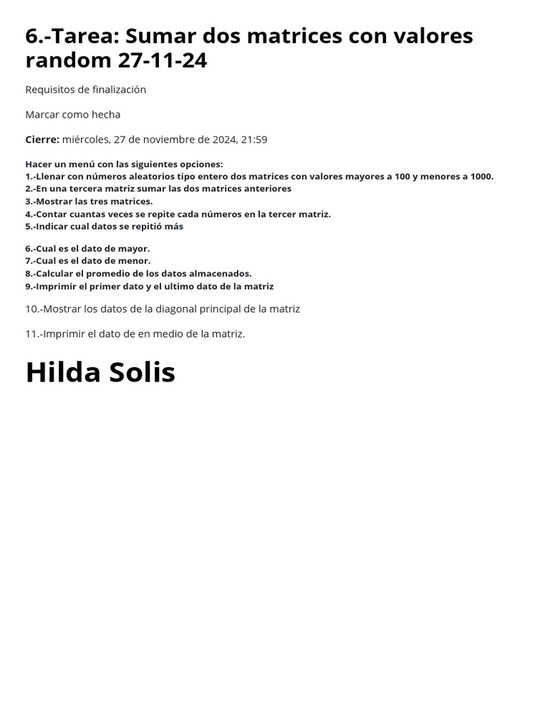 6.-Tarea Sumar Dos Matrices Con Valores Random 27-11-24 | PDF