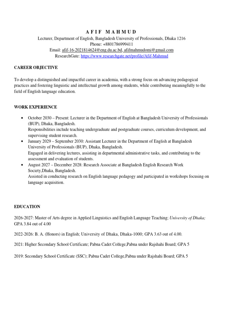 Afif Mahmud CV | PDF | Language Education | English As A Second Or Foreign Language