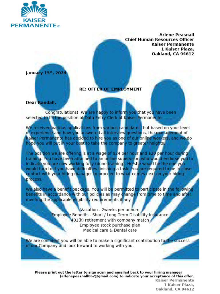 Randall Employment Letter | PDF | Employment | Kaiser Permanente