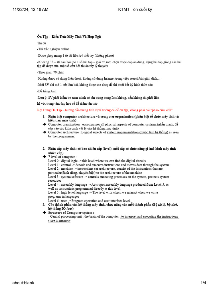 KTMT - ôn cuối kỳ | PDF