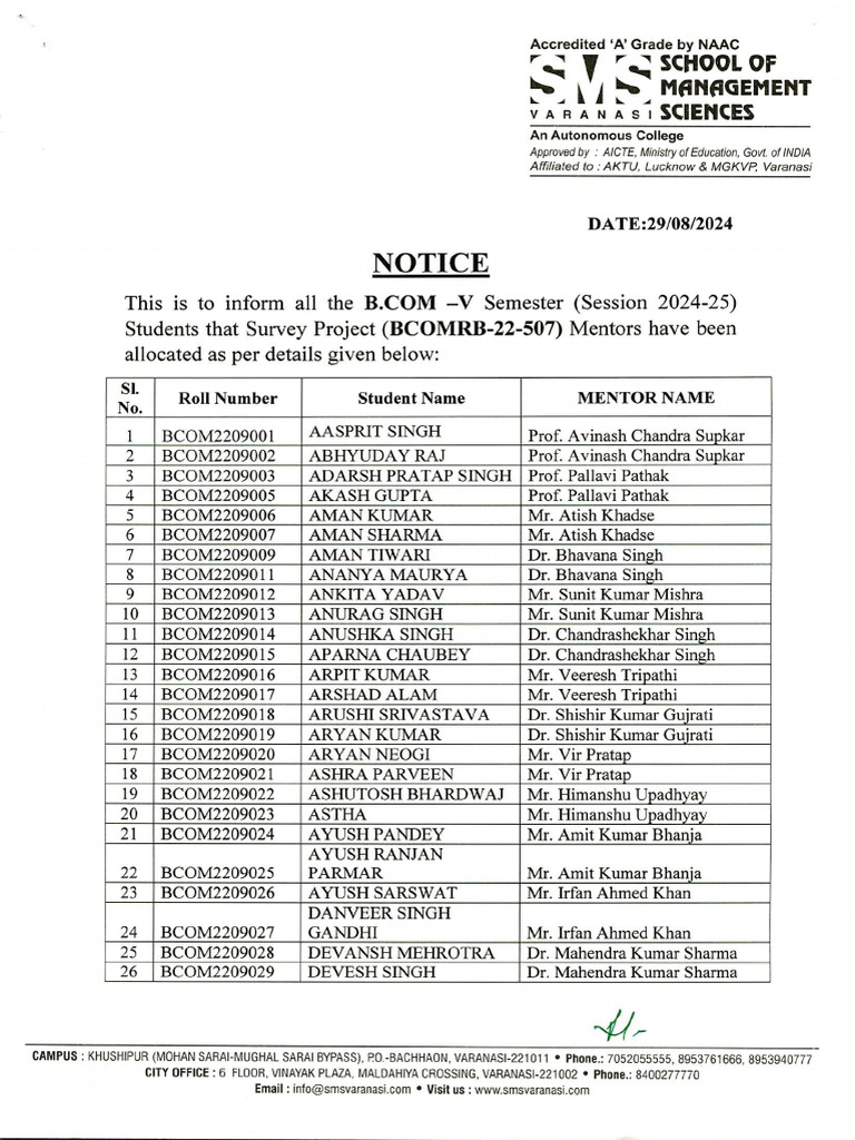 NOTICE - B.COM - V SEM - Mentor Allocation | PDF