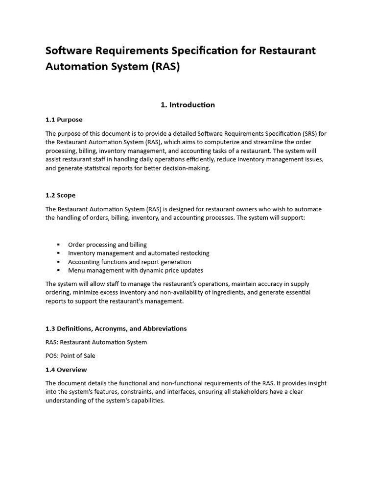 Software Requirements Specification For Restaurant Automation System ...
