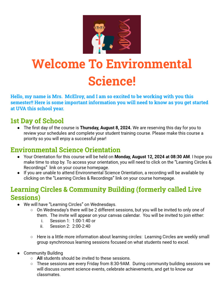 Environmental Science Welcome Letter (Fall 2024) - 1 | PDF
