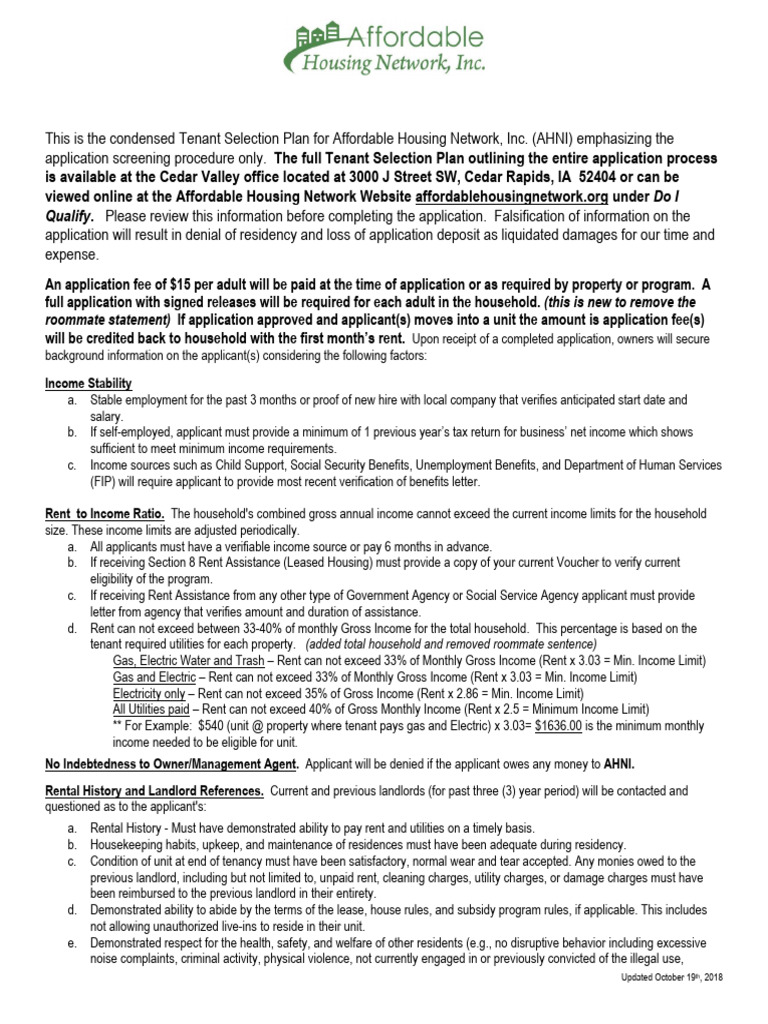 E Application Tenant Selection Plan Short 10.2018 | PDF | Leasehold ...