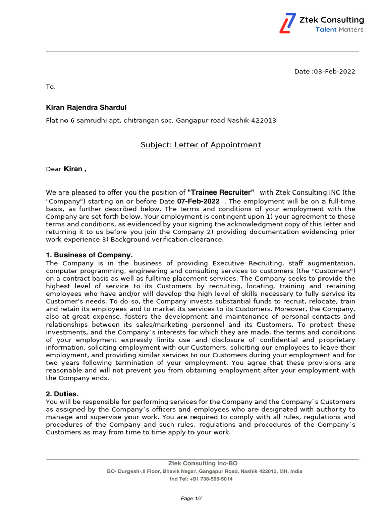 Kiran _appointment_letter-signed | PDF | Private Law | Labor