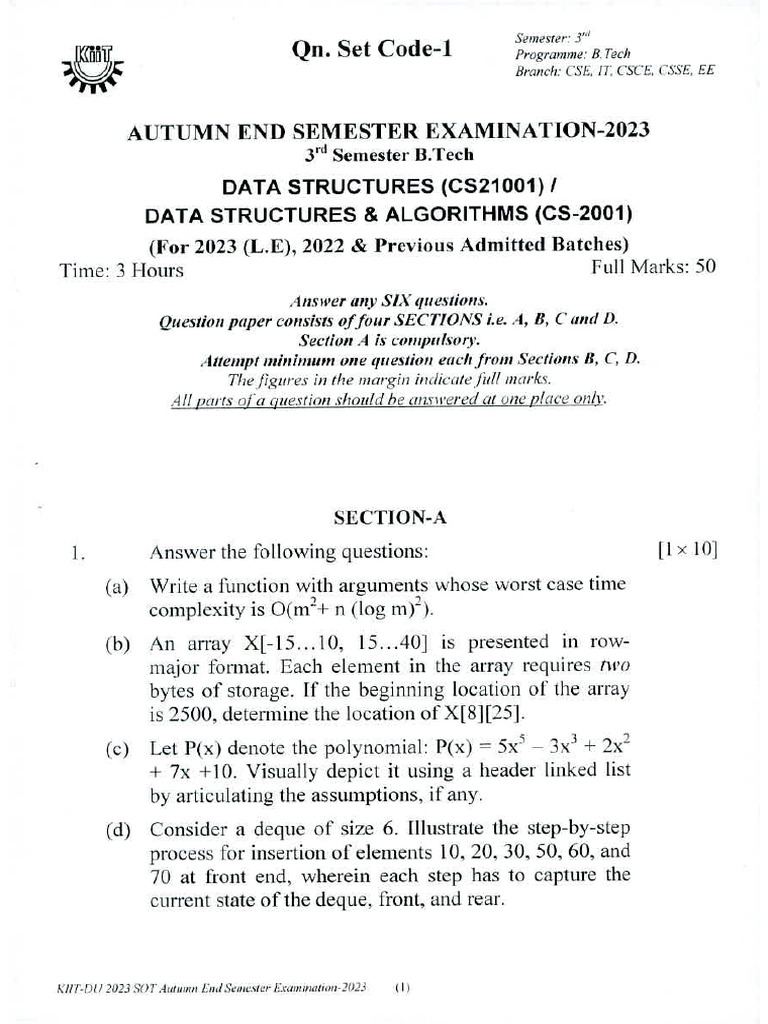 3rd Semester Btech Data Structuresdata Structures And Algorithms Cs 8022