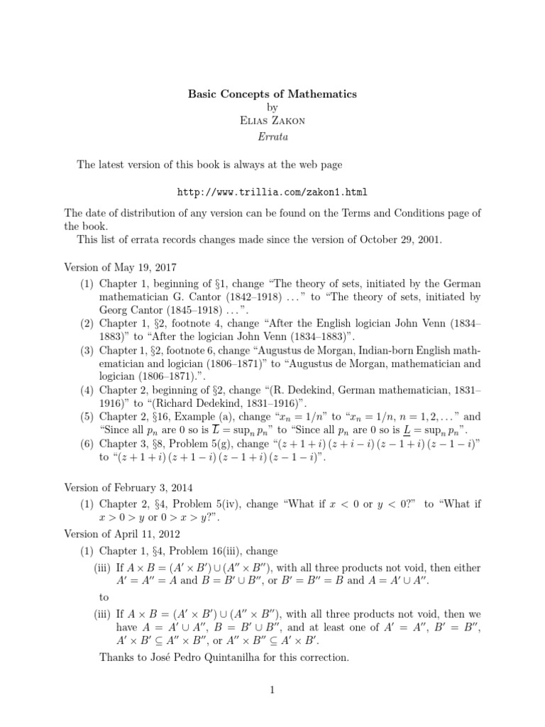 Basic Concepts of Mathematics (Errata)_Zakon | PDF | Mathematical Logic | Mathematical Concepts