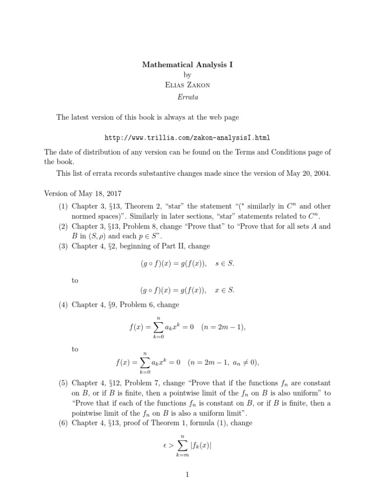 Mathematical Analysis I (Errata) - Zakon | PDF | Compact Space | Function (Mathematics)