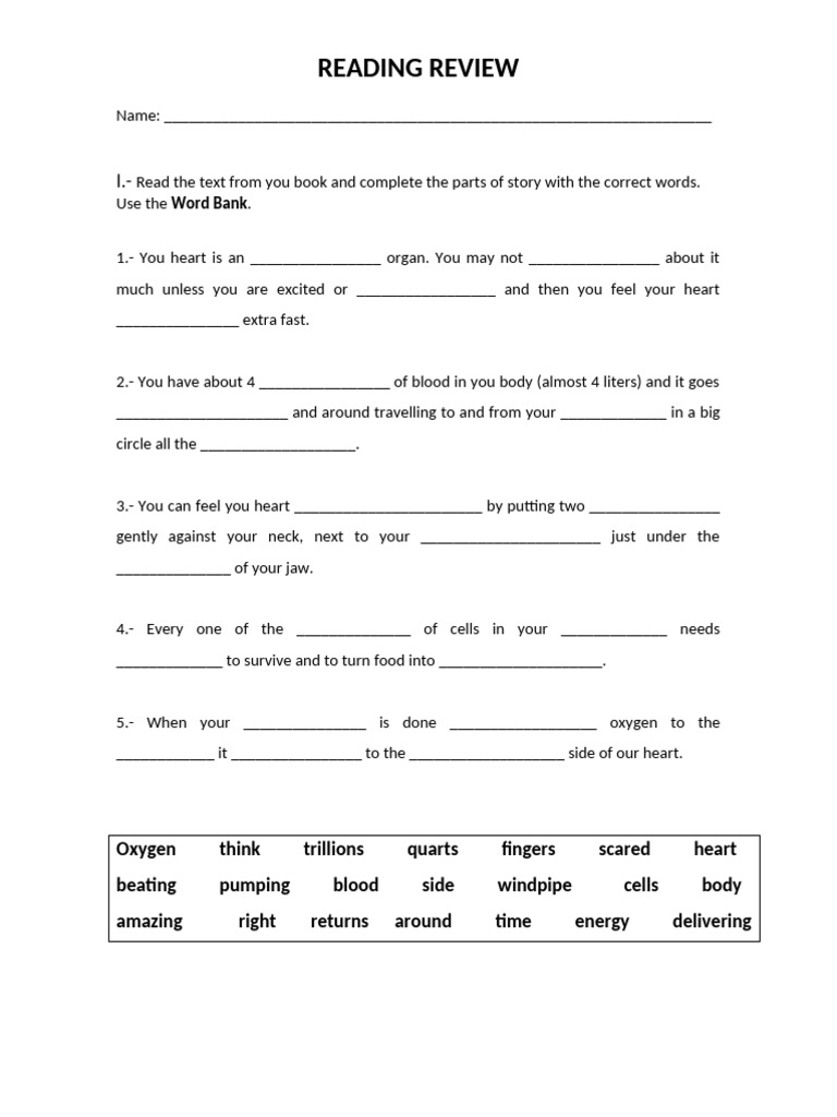 Reading Comprehension Review The Heart | PDF | Heart | Blood