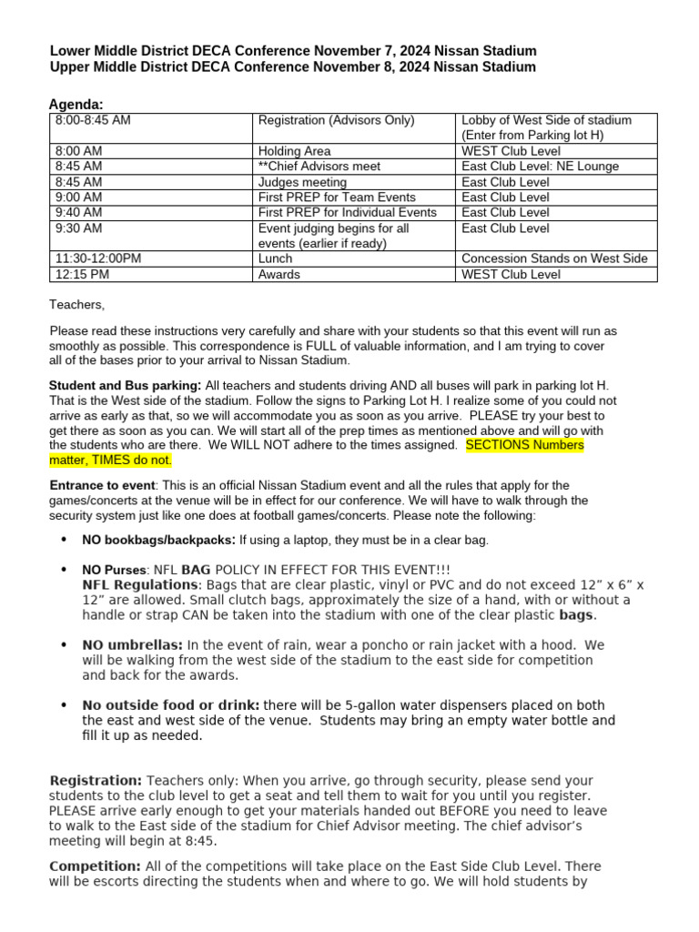 DECA Conference Agenda 2024 at Nissan Stadium | PDF | Dress | Lunch