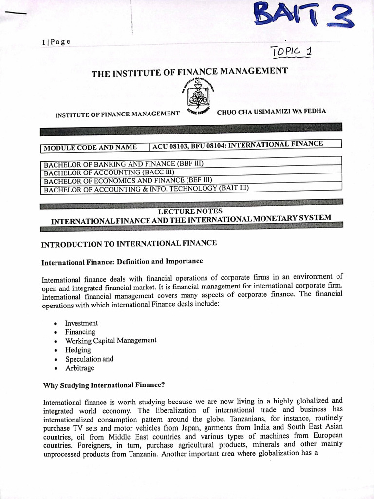 Topic 1 INTERNATIONAL FINANCE AND INTERNATIONAL MONETARY SYSTEM Notes ...