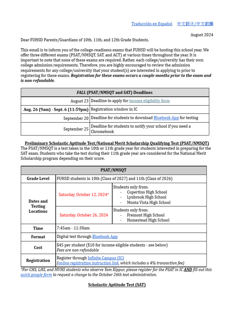 24-25 PSAT - SAT Letter To Families | PDF