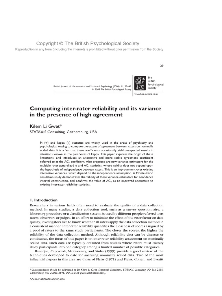 Computing Inter Rater Reliability and Its Variance in The Presence of ...