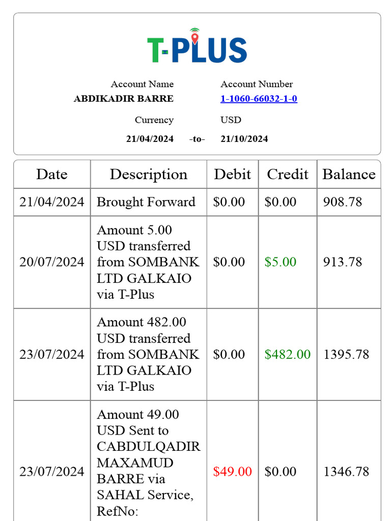 USD Transaction Summary for ABDIKADIR BARRE | PDF
