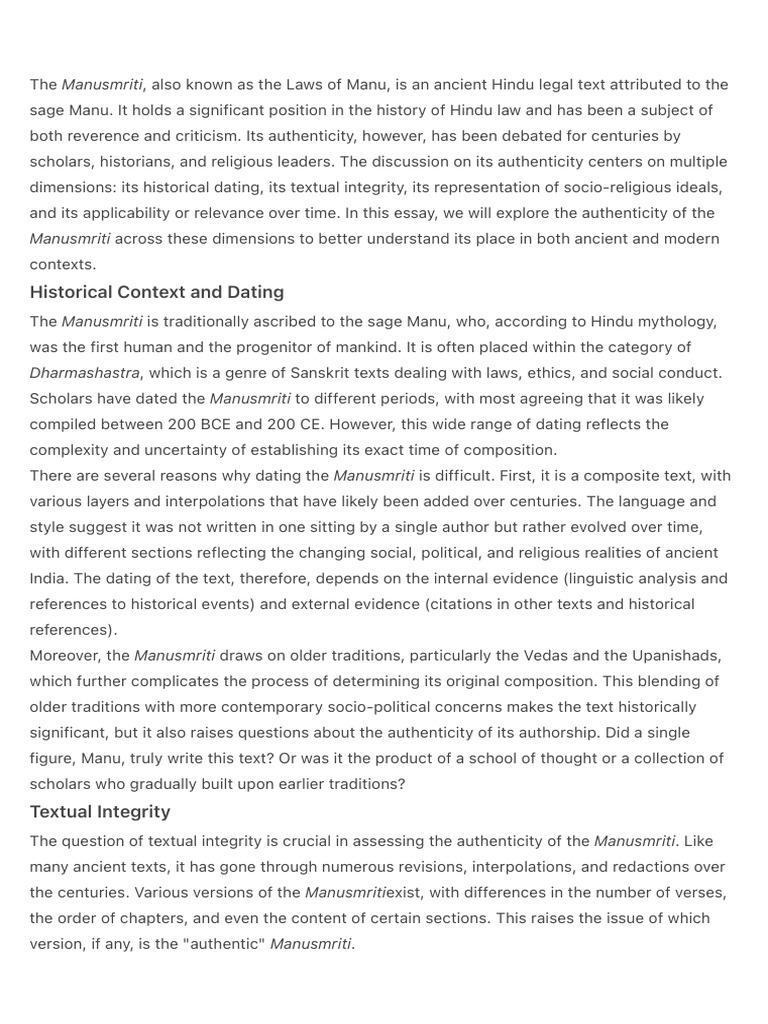 The Manusmriti, Also Known As The Laws of Manu, Is An Ancient Hindu | PDF