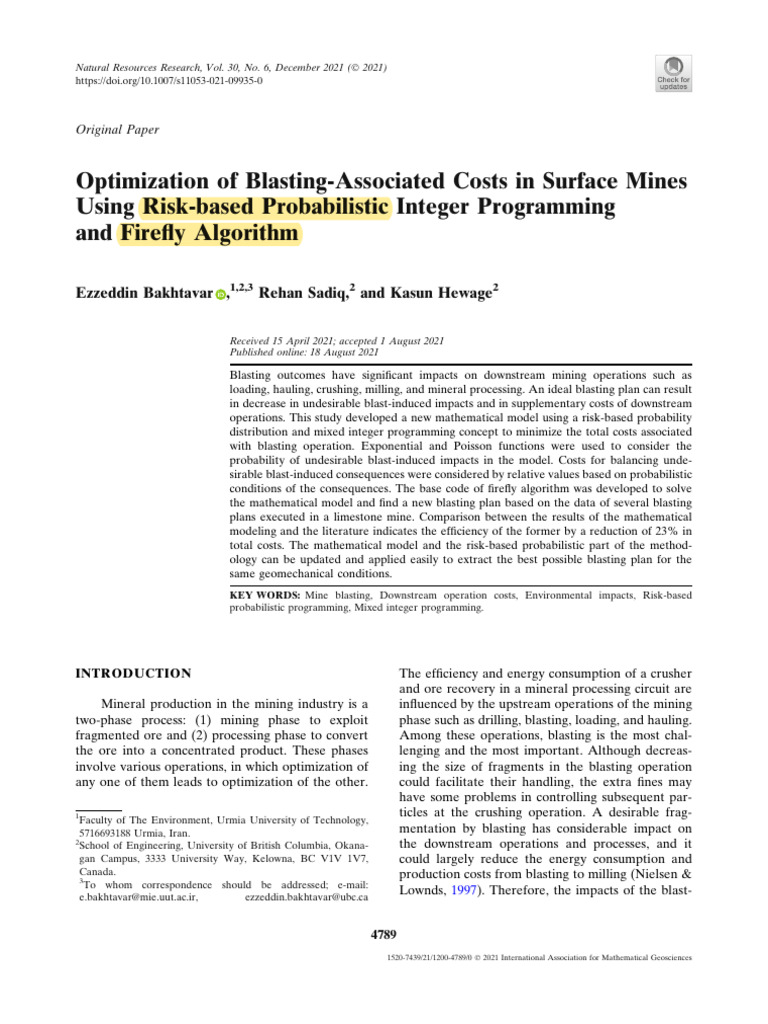 1-2021-Natural Resources Research-Ezzeddin Bakhtavar | PDF | Mathematical Optimization | Mining