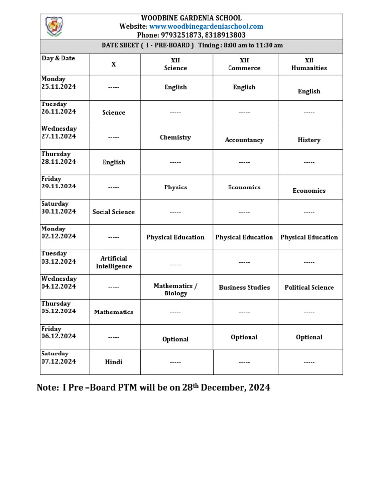 Date Sheet Pre Board - I 2024-25-1 | PDF