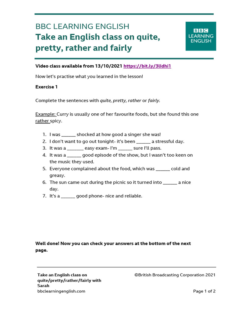 English Class on Quite, Pretty, Rather, Fairly | PDF