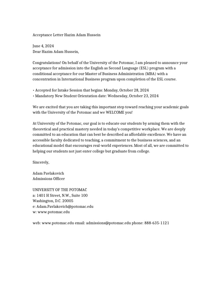 Acceptance Letter Hazim Adam Hussein | PDF