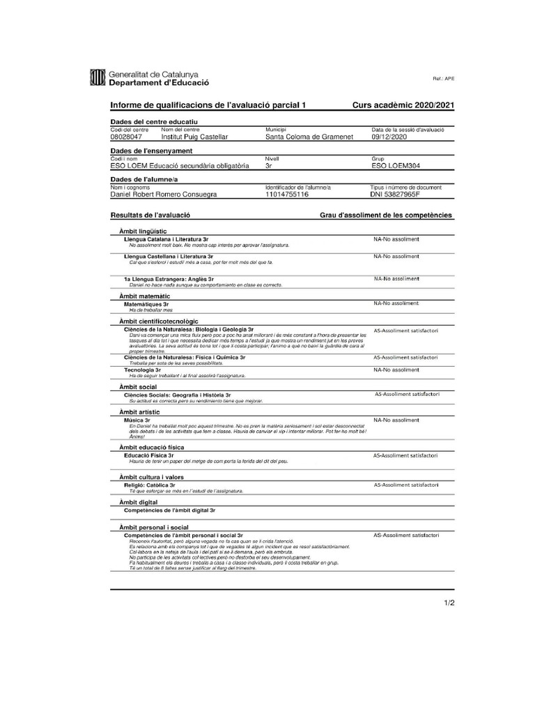 Informe Qualificacions Daniel Robert Romero Consuegra | PDF