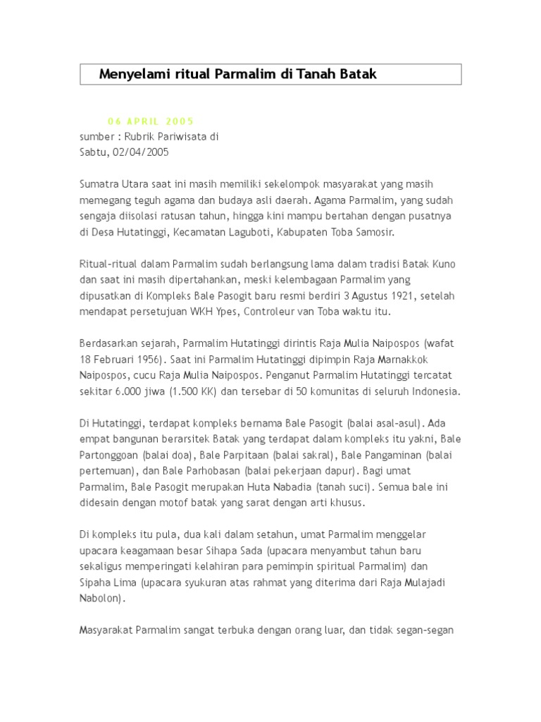 Menyelami Ritual Parmalim Di Tanah Batak | PDF | Agama & Spiritualitas