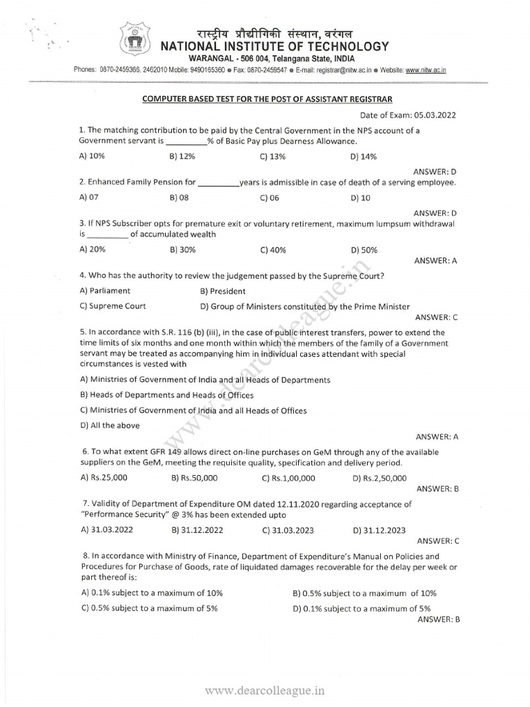 NIT Warangal Superintendent Exam Papers | PDF