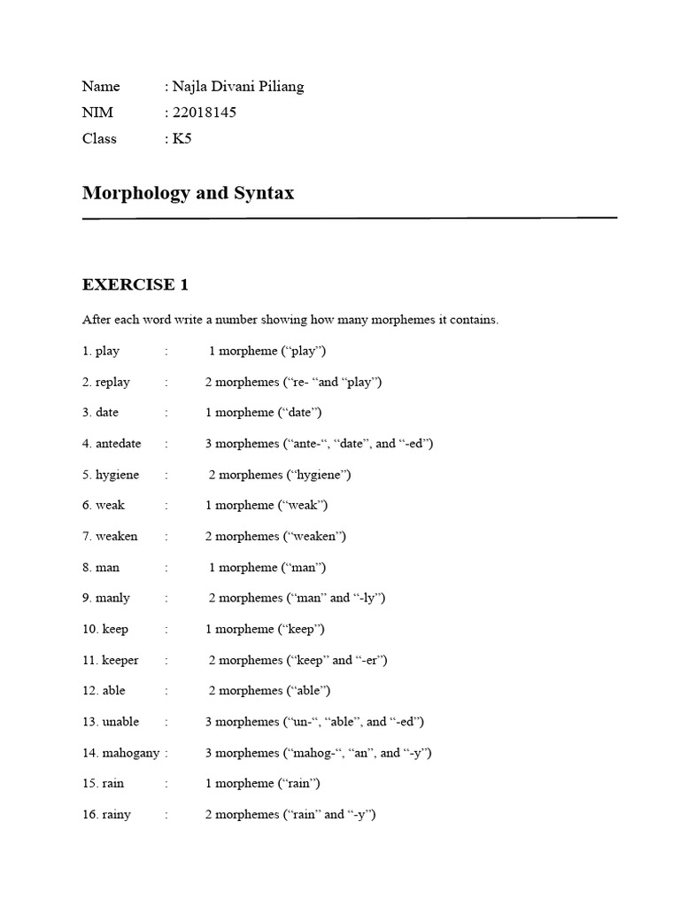 Morpheme Analysis and Exercises | PDF | Adjective | Language Mechanics
