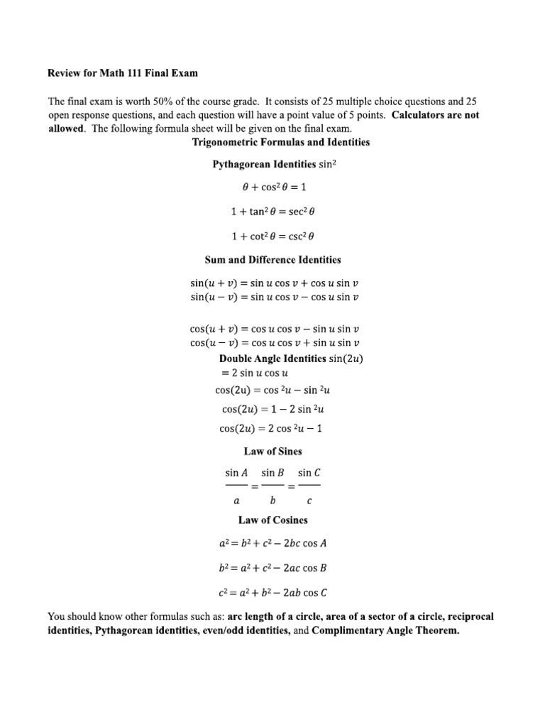 Math 111 Study Guide | PDF