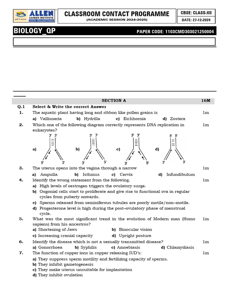 Enthuse Cbse Set I Biology QP 27-11-2024 | PDF | Cell Biology | Biology