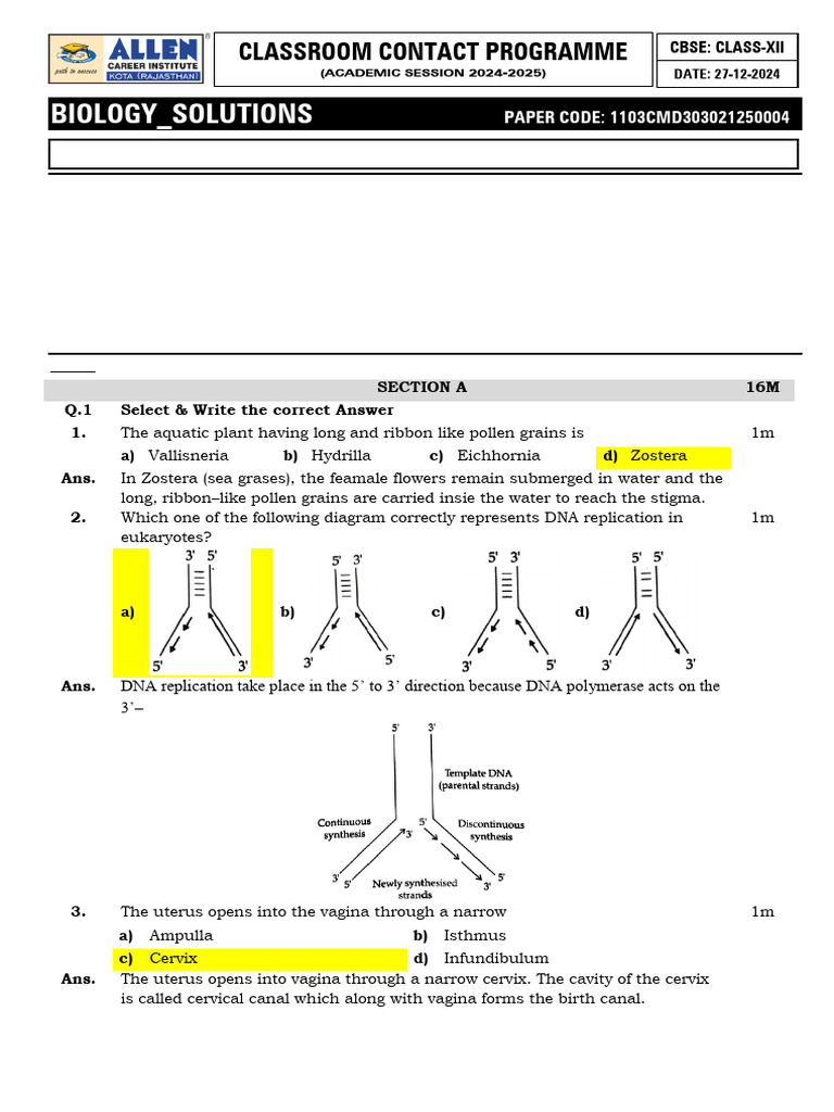 Enthuse Cbse Set I Biology Solutions 27-11-2024 | PDF | Meiosis ...