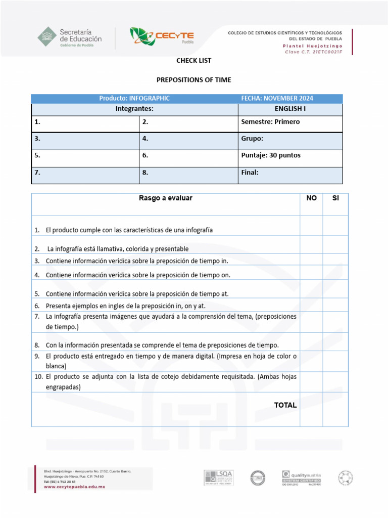 Check List - Infographic Prepositions of Time | PDF