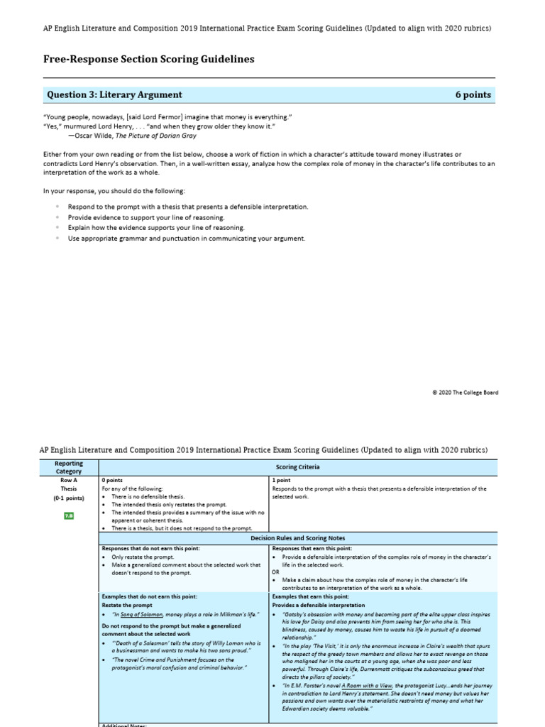 AP LIT 2019 Lit Analysis Essay Question. 3. and Rubric | PDF | Thesis