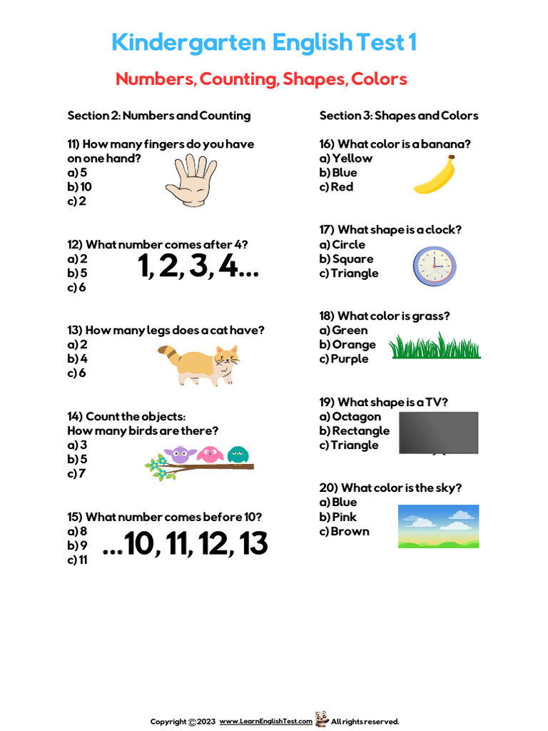 Kindergarten Test: Numbers & Shapes | PDF