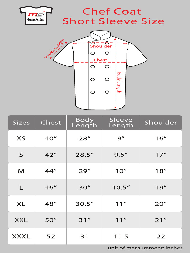MD Textile Chef Coat Short Sleeve Size Chart | PDF