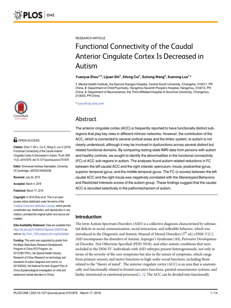 Functional Connectivity of the Caudal Anterior Cingulate Cortex Is Decreased in Autism_MC | PDF ...
