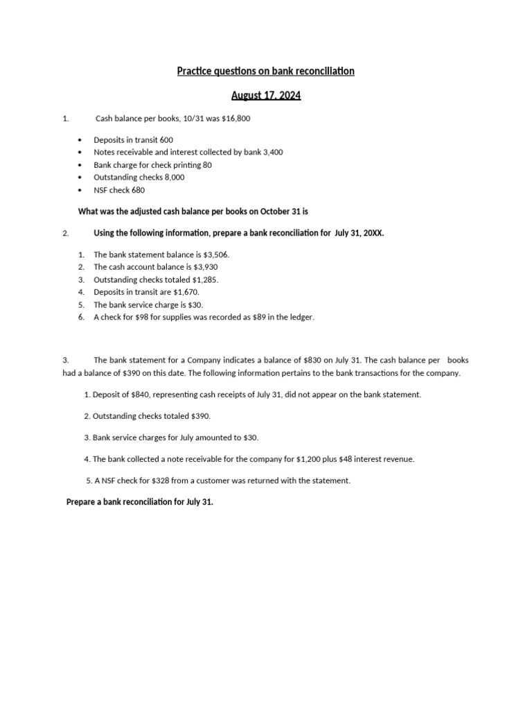 Practice Questions On Bank Reconcilliation - Docx-Handout-2 | PDF