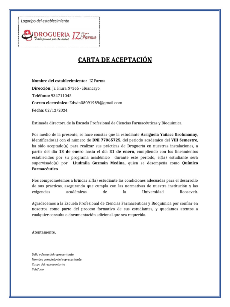 Formato de Carta de Aceptación - Practicas | PDF