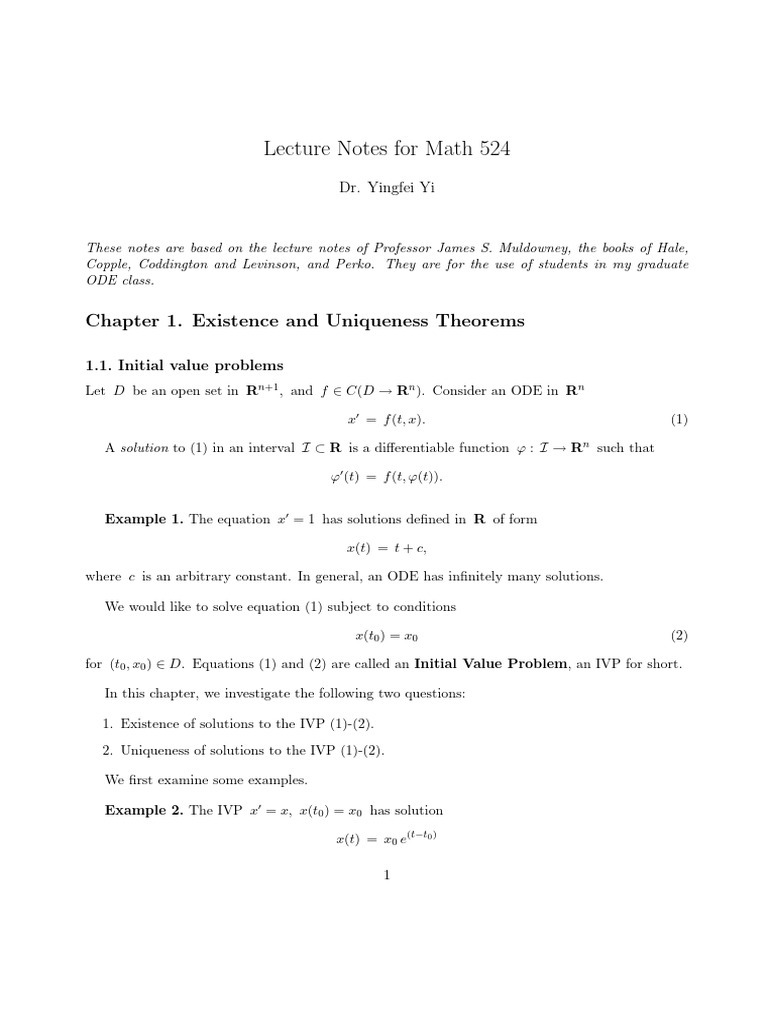 Chapter1 Existence And Uniqueness Theorems Pdf Ordinary