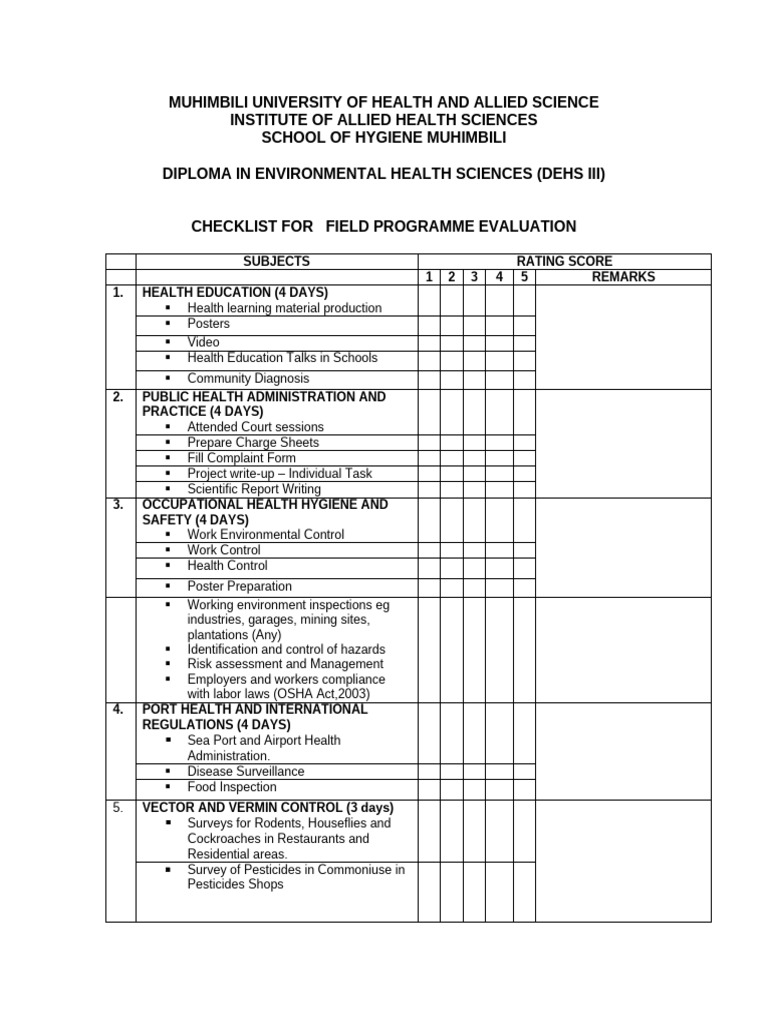 Checklist DEHS 111 Field Work | PDF | Food Safety | Sanitation