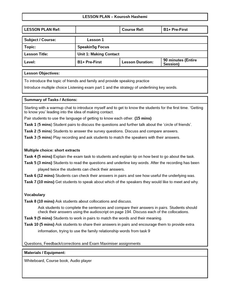 Lesson Plan Unit 1 - Making Contact - 1 | PDF