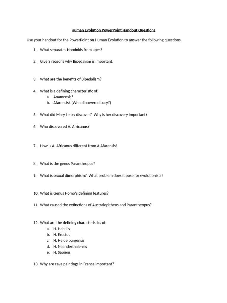 Human Evolution PowerPoint Handout Questions | PDF