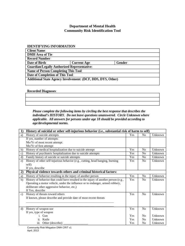 Community Risk Identification Tool | PDF | Neurology | Assault